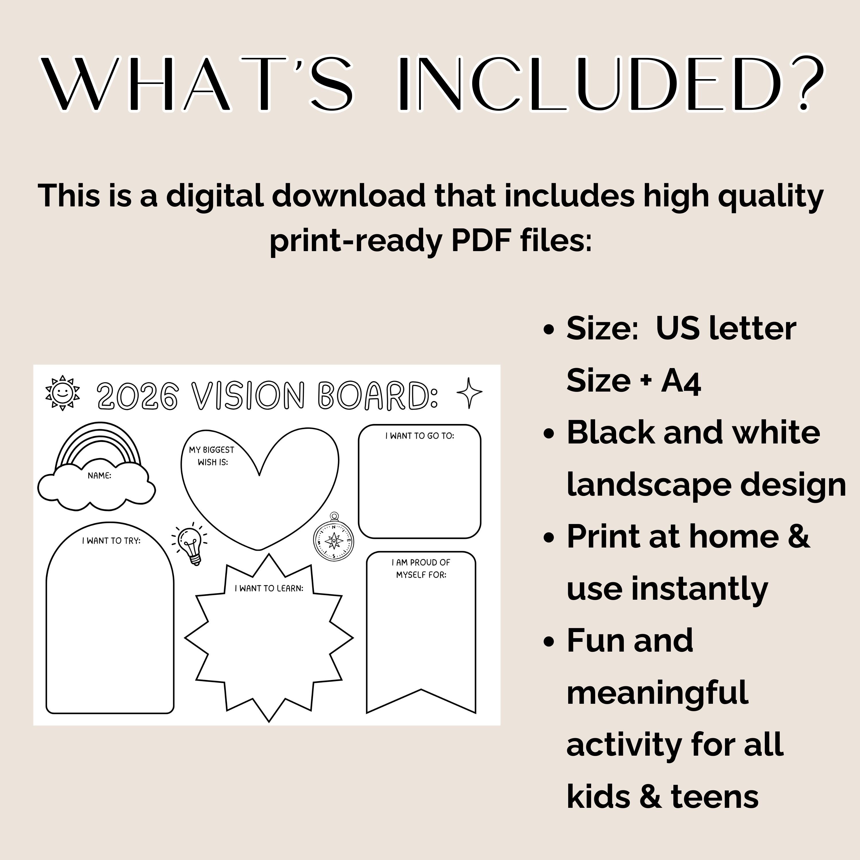 Printable Kids Vision Board 2026, Digital Download Coloring Activity ...