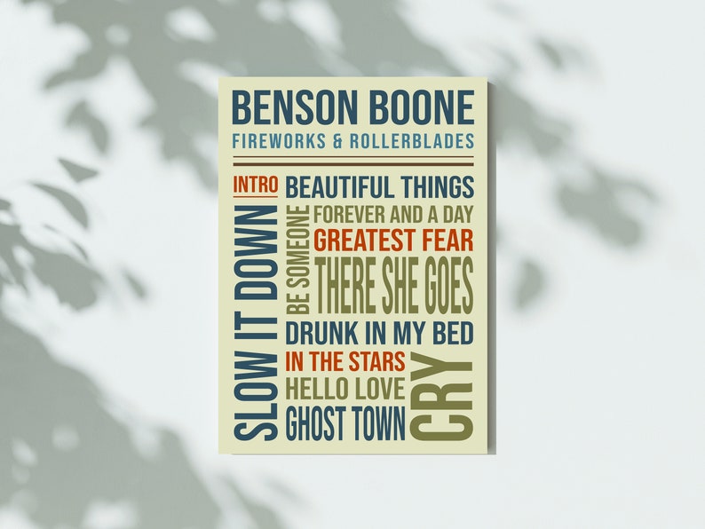 Benson Boone Fireworks & Rollerblades Tracklist Typography Grid Poster ...