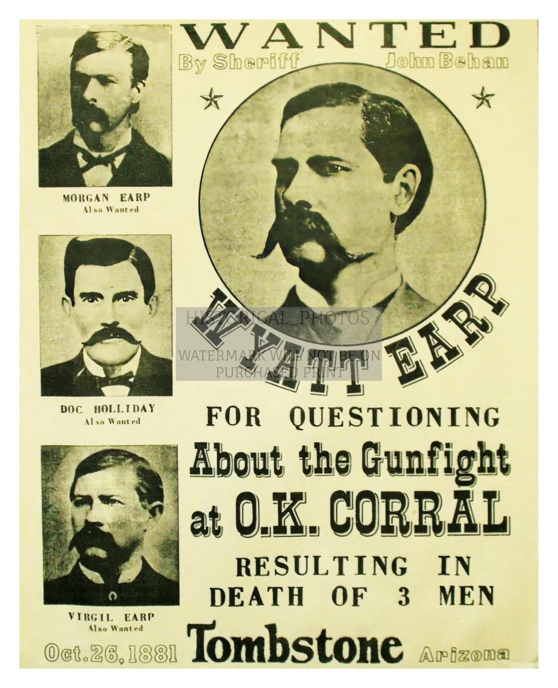 Wyatt Earp Tombstone Arizona O.K. Corral Gunfight 1881 Wild West 8X10 ...