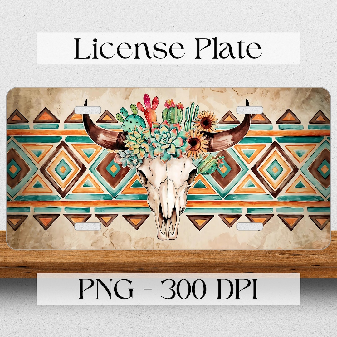 Aztec Bull Skull License Plate PNG: Southwestern Car Design (digital ...