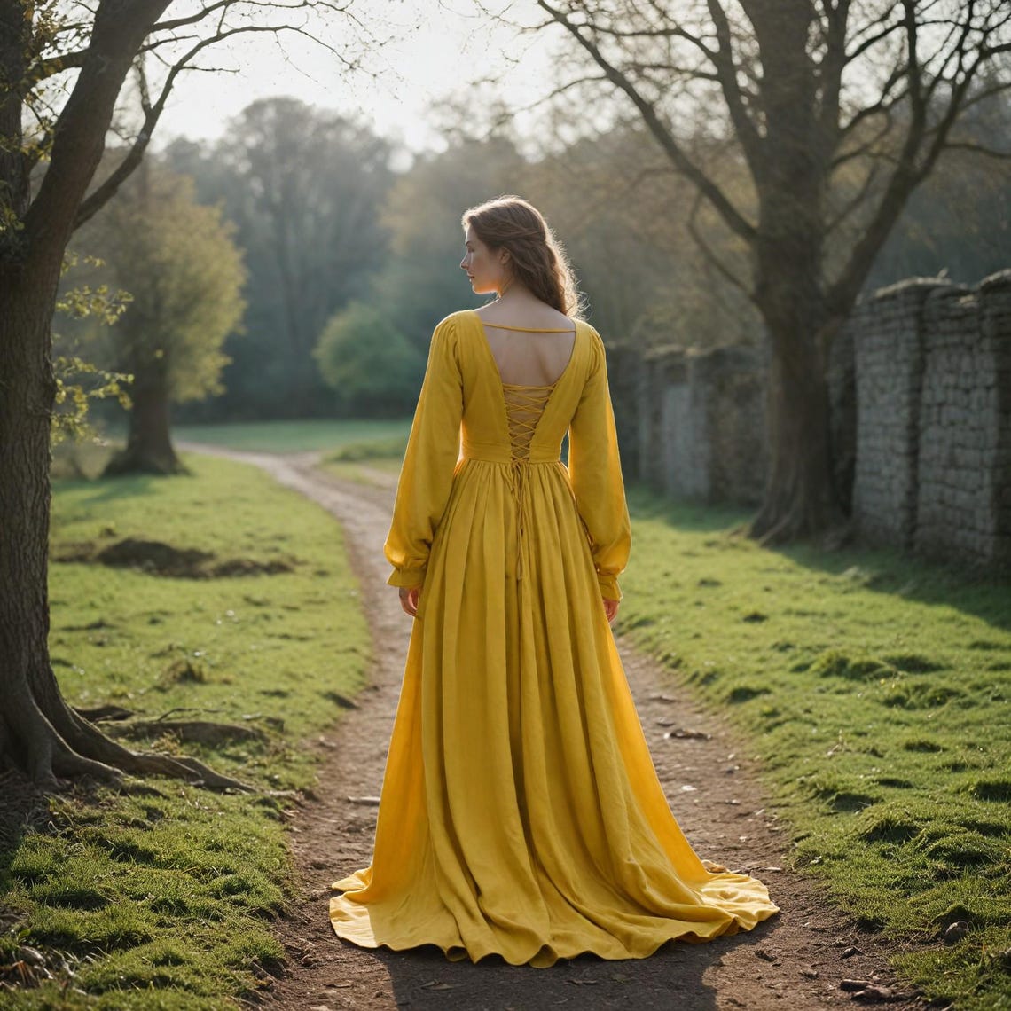 Women Elegant Yellow Steampunk Dress | Long Sleeve Medieval Gown ...
