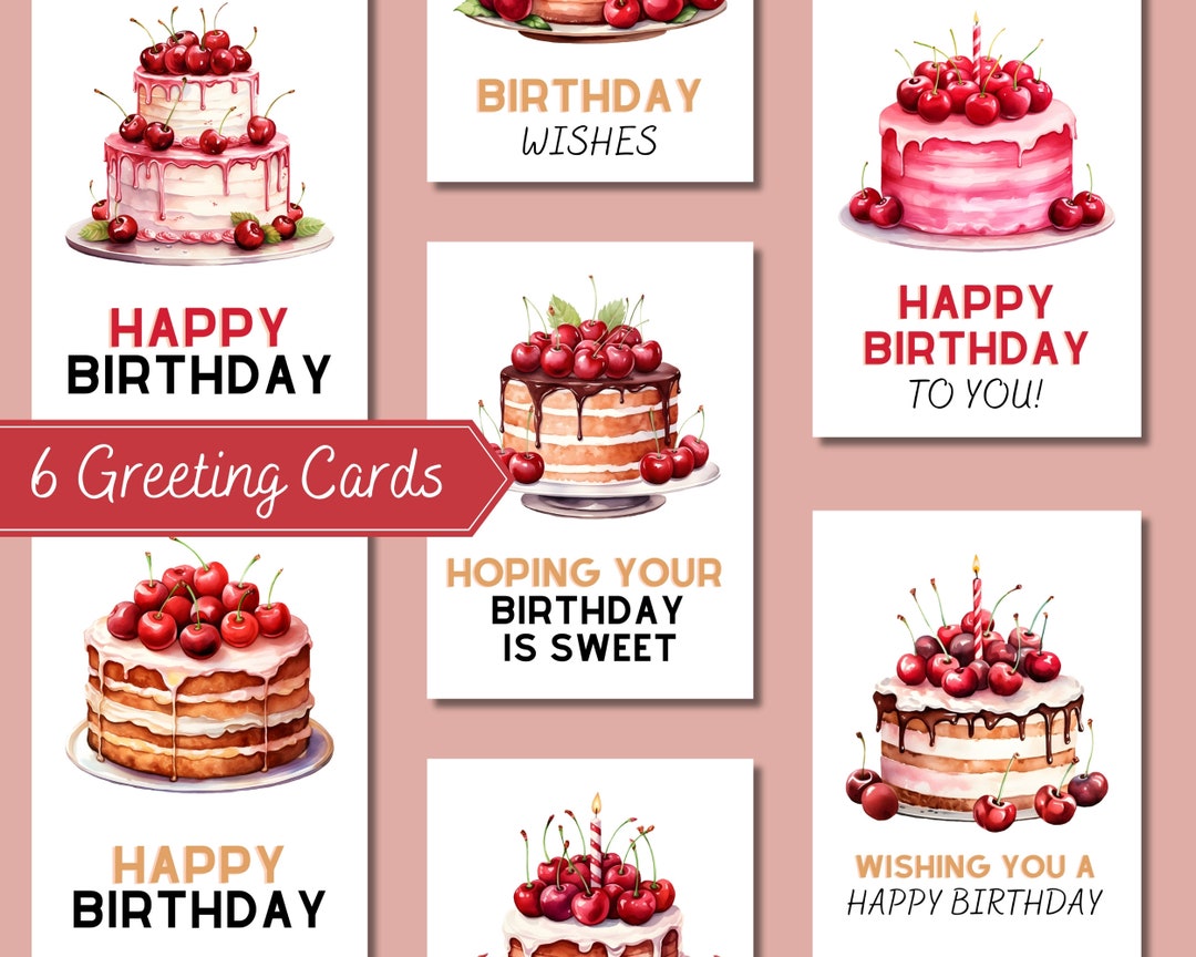6 Cherry Greeting Cards, Happy Birthday Cards, 5x7 Inches, PDF, Instant ...