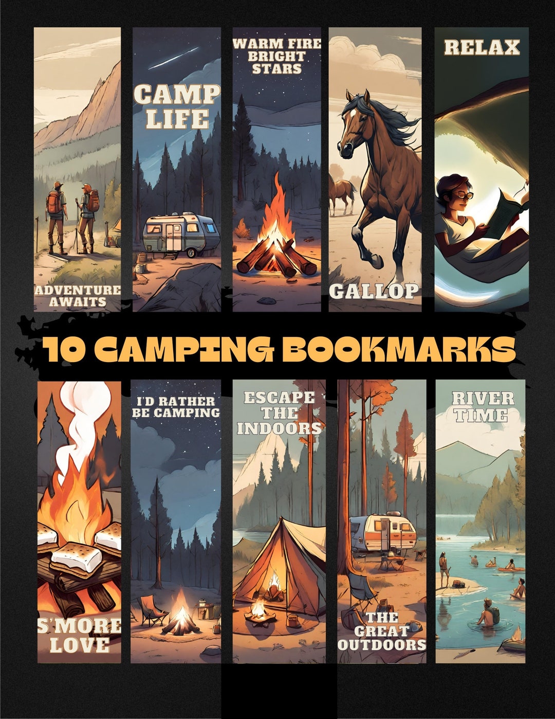 Camping Bookmarks PDF, Digital Download, 10 Bookmarks Front and Back ...