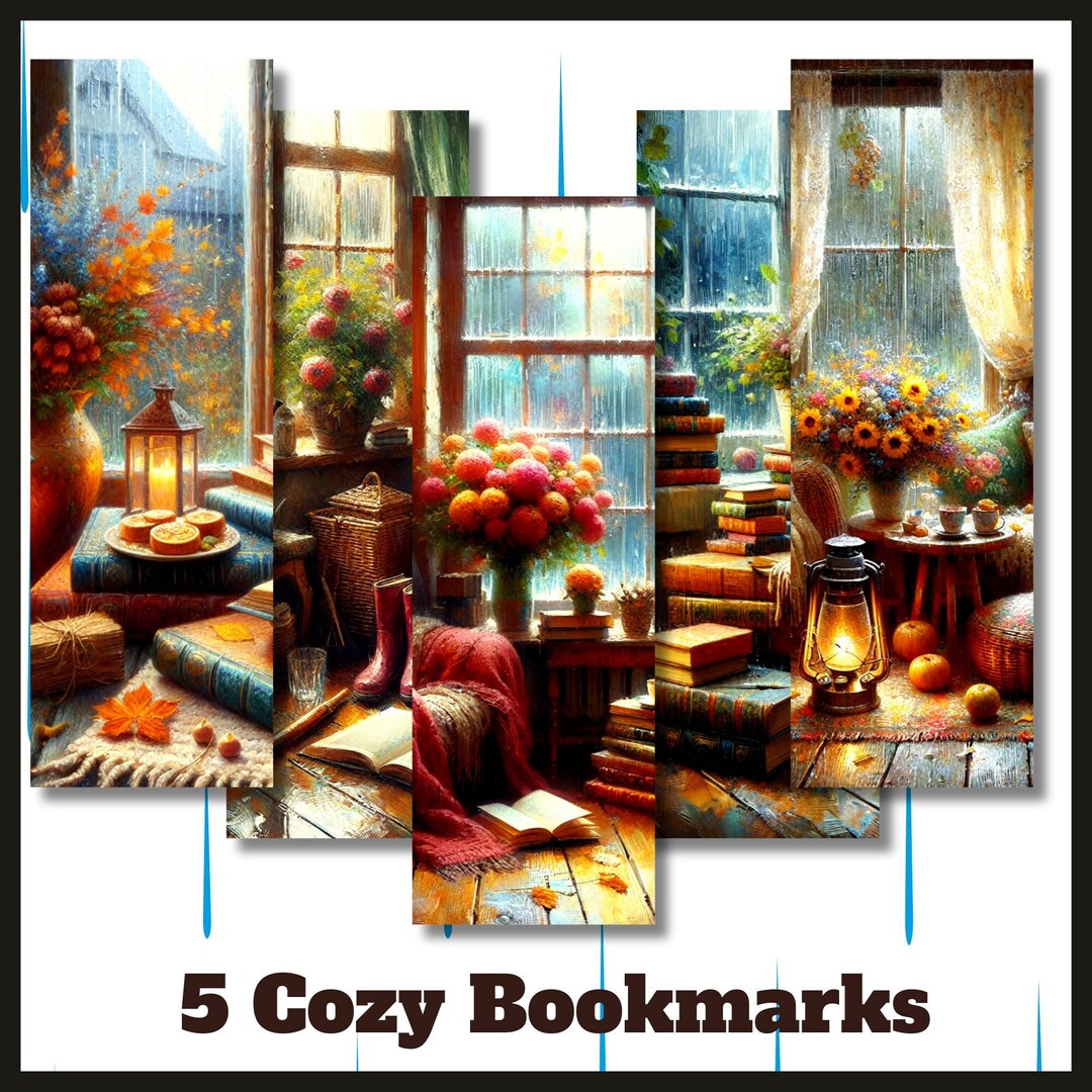 5 Cozy Bookmarks, PDF Digital Download, Bookish Gifts, Rainy Day ...