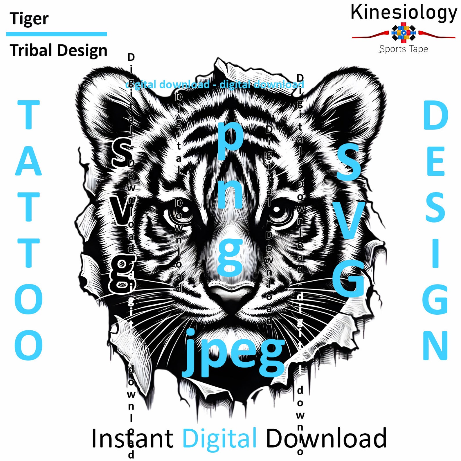 Cute Tiger Cub Tattoo Digital Art PNG SVG and JPEG Black and White ...