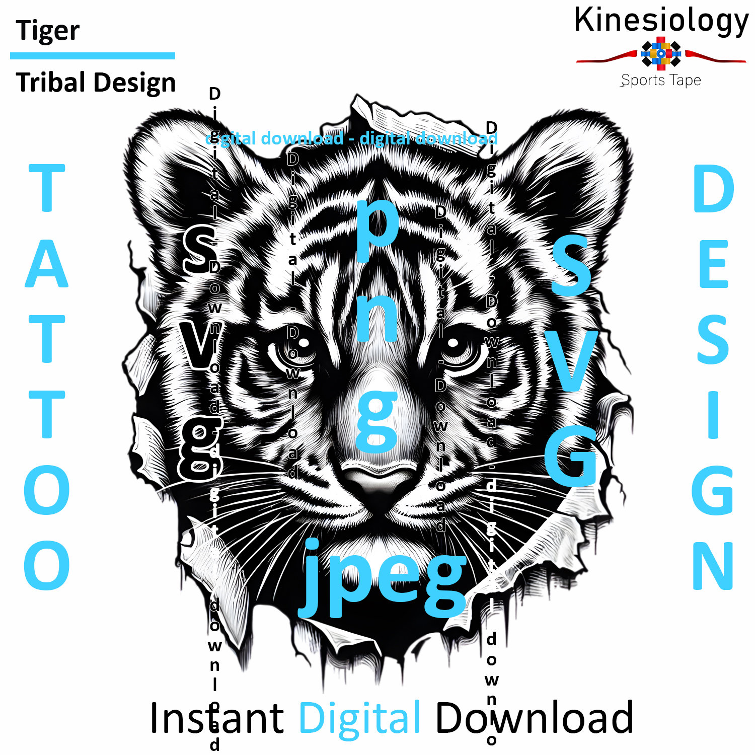 Cute Tiger Cub Tattoo Digital Art PNG SVG and JPEG Black and White ...