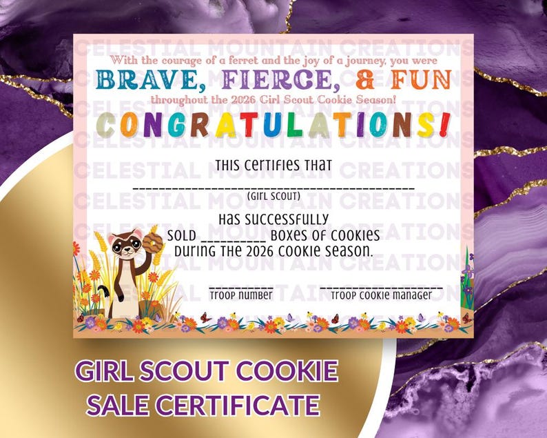 2026 Girl Scout Cookie Sales Certificate: Ferret Theme (fillable ...