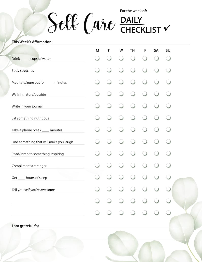 Self Care Daily and Weekly Checklist, Printable Template, Self Care ...