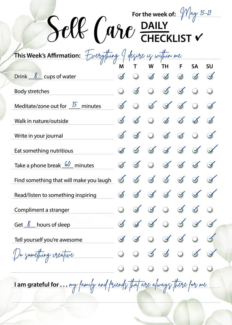 Self Care Daily and Weekly Checklist, Printable Template, Self Care ...