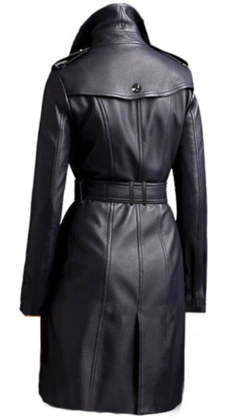 Womens Real Black Leather Trench Coat Steampunk Costume Long Coat ...