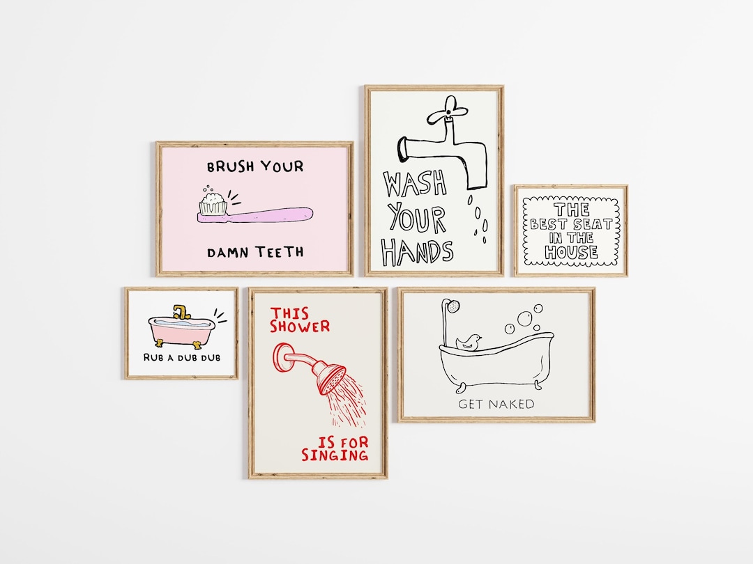 Set of 6 Trendy Bathroom Prints | Cute Retro Bathroom Quote Decor ...