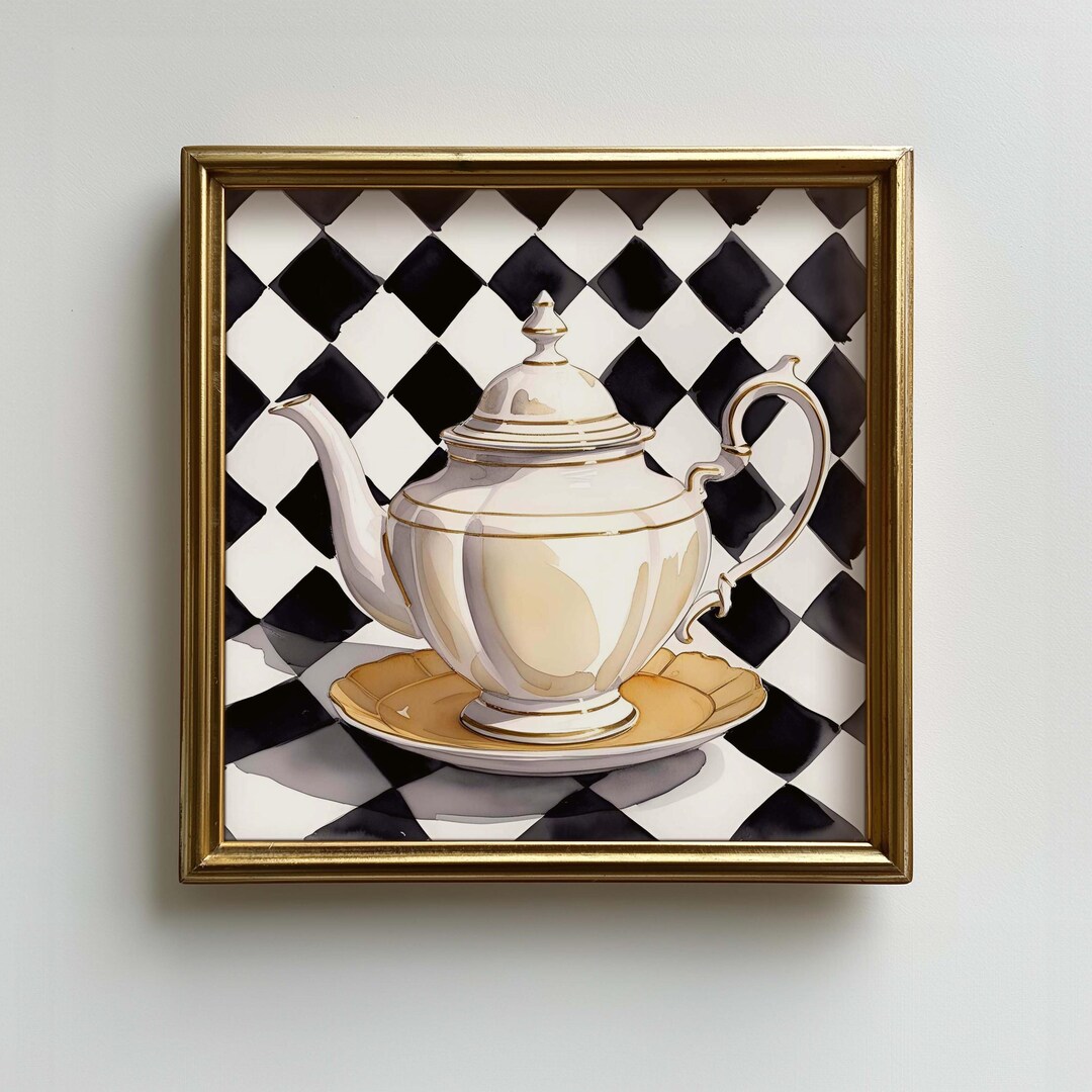 Vintage Teapot Checkered Watercolor Art, Maximalist Kitchen Print ...