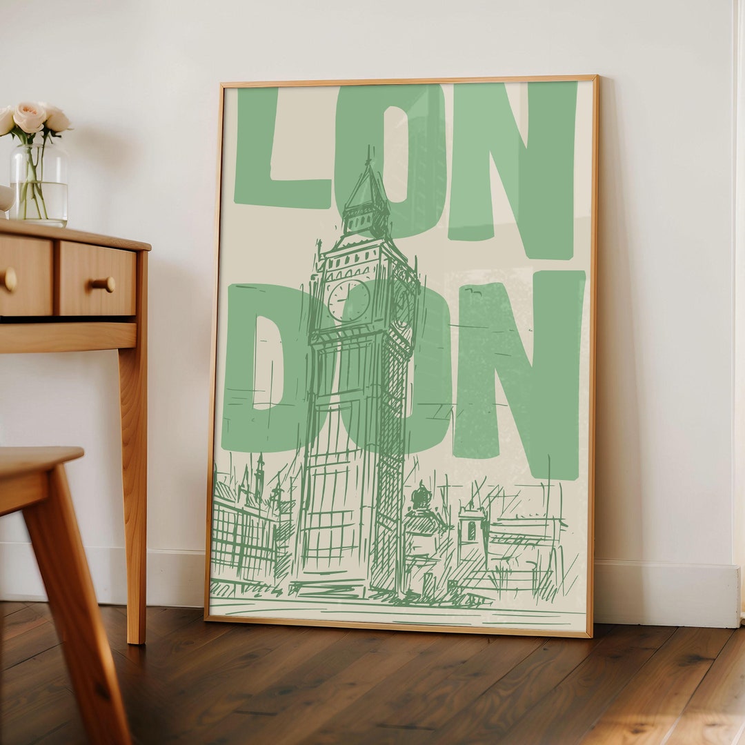 Vintage London Art Print - Big Ben Poster - Retro Green Minimalist UK ...