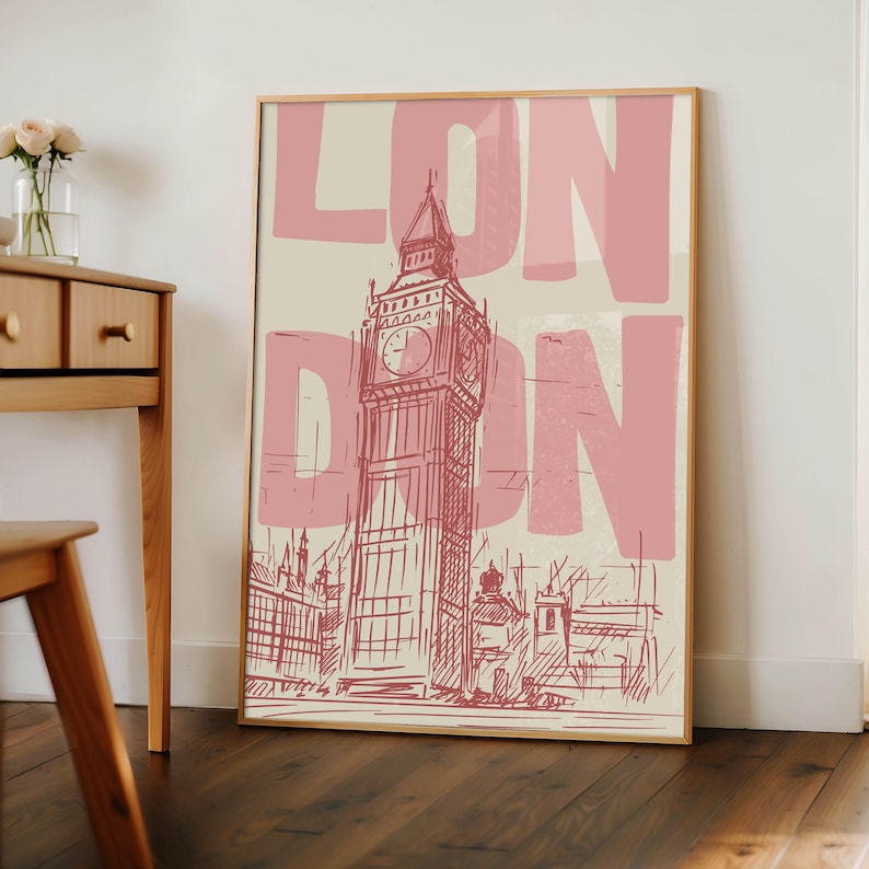 Pink London Skyline Poster: Preppy Big Ben City Art (digital Download ...