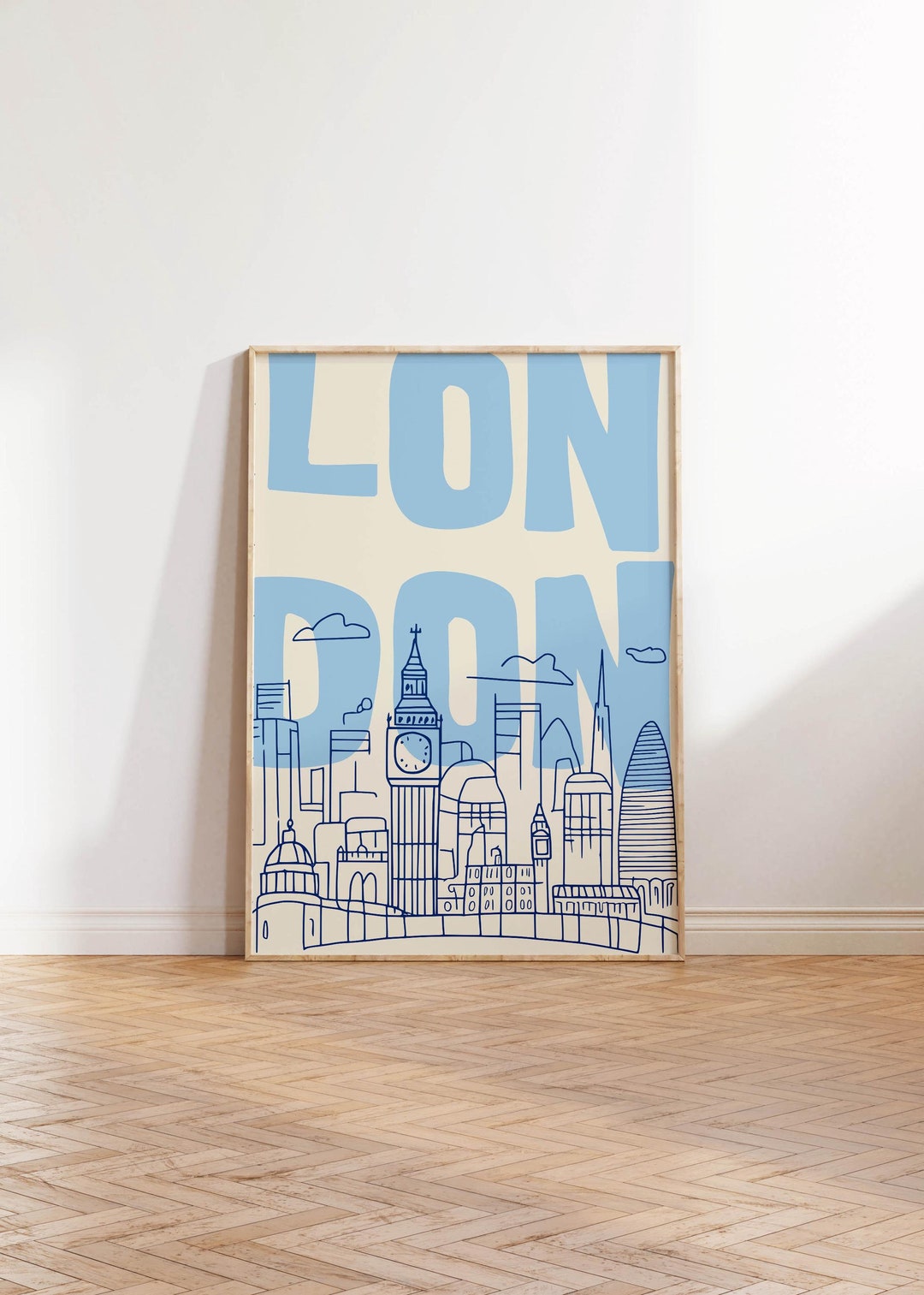 Vintage London Art Print - Retro London Skyline Poster - Blue Printable ...