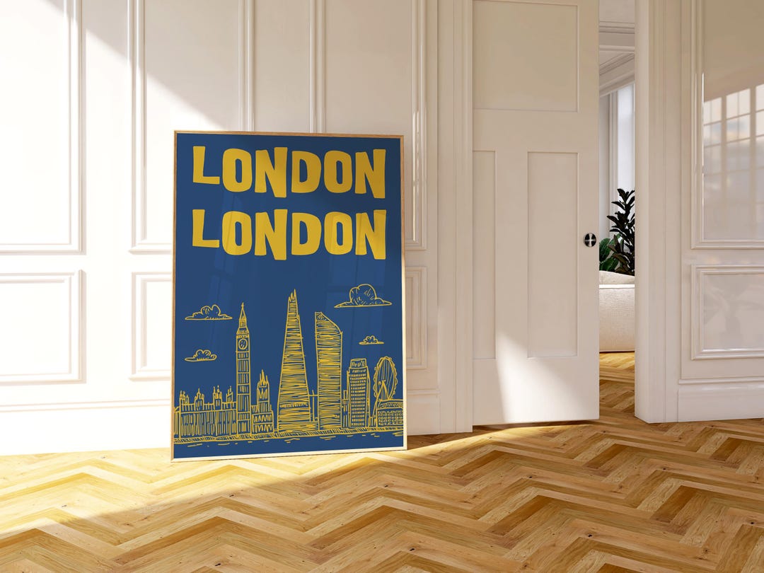 London Print Retro London Poster Colorful Travel Poster Blue Yellow ...