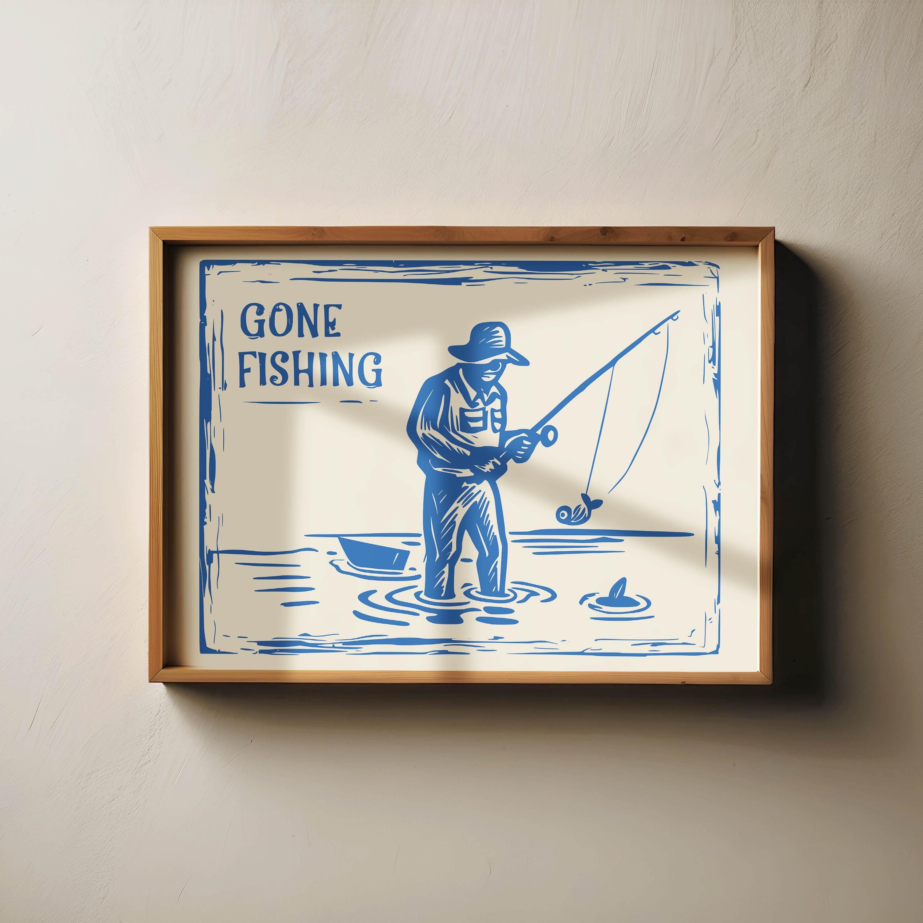 Gone Fishing Wall Art Print Rustic Blue Digital Download Aesthetic Home ...