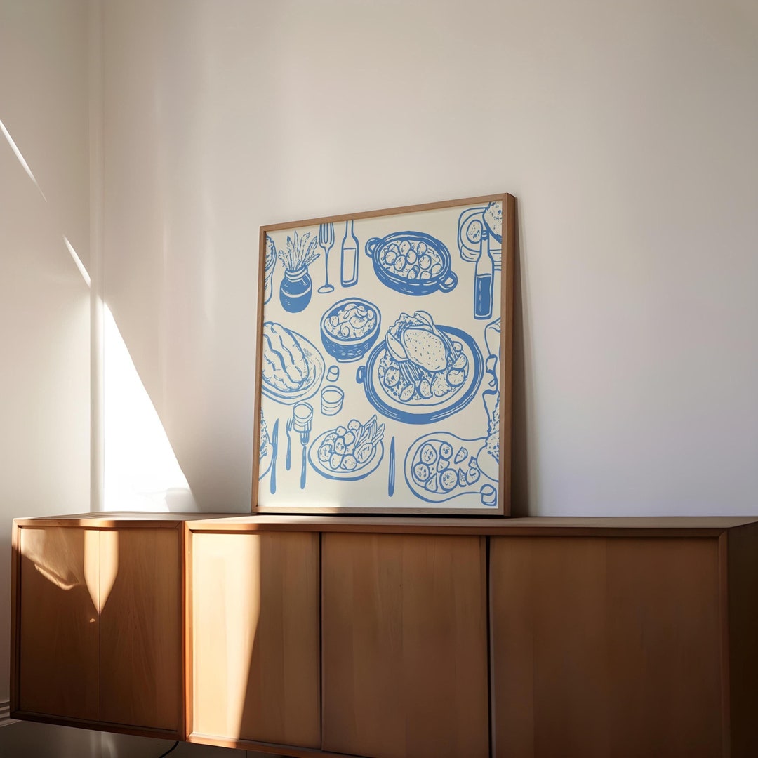 Blue Dinner Table Art Print - Minimalist Food Illustration - Kitchen ...