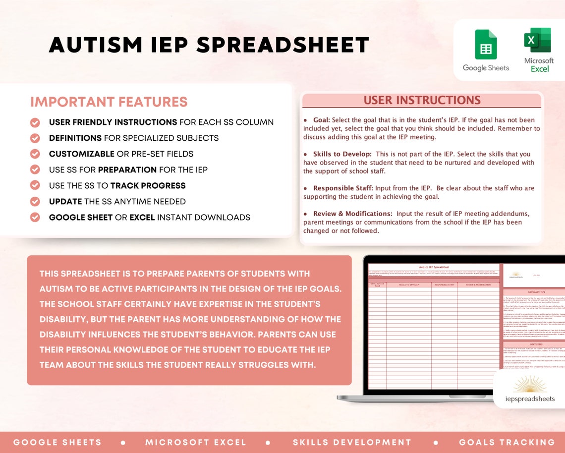 Autism IEP Spreadsheet With Dropdown Menu Google Sheets Microsoft Excel ...
