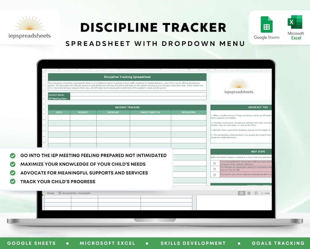 Discipline Tracker IEP Spreadsheet With Dropdown Menu | Google Sheets ...