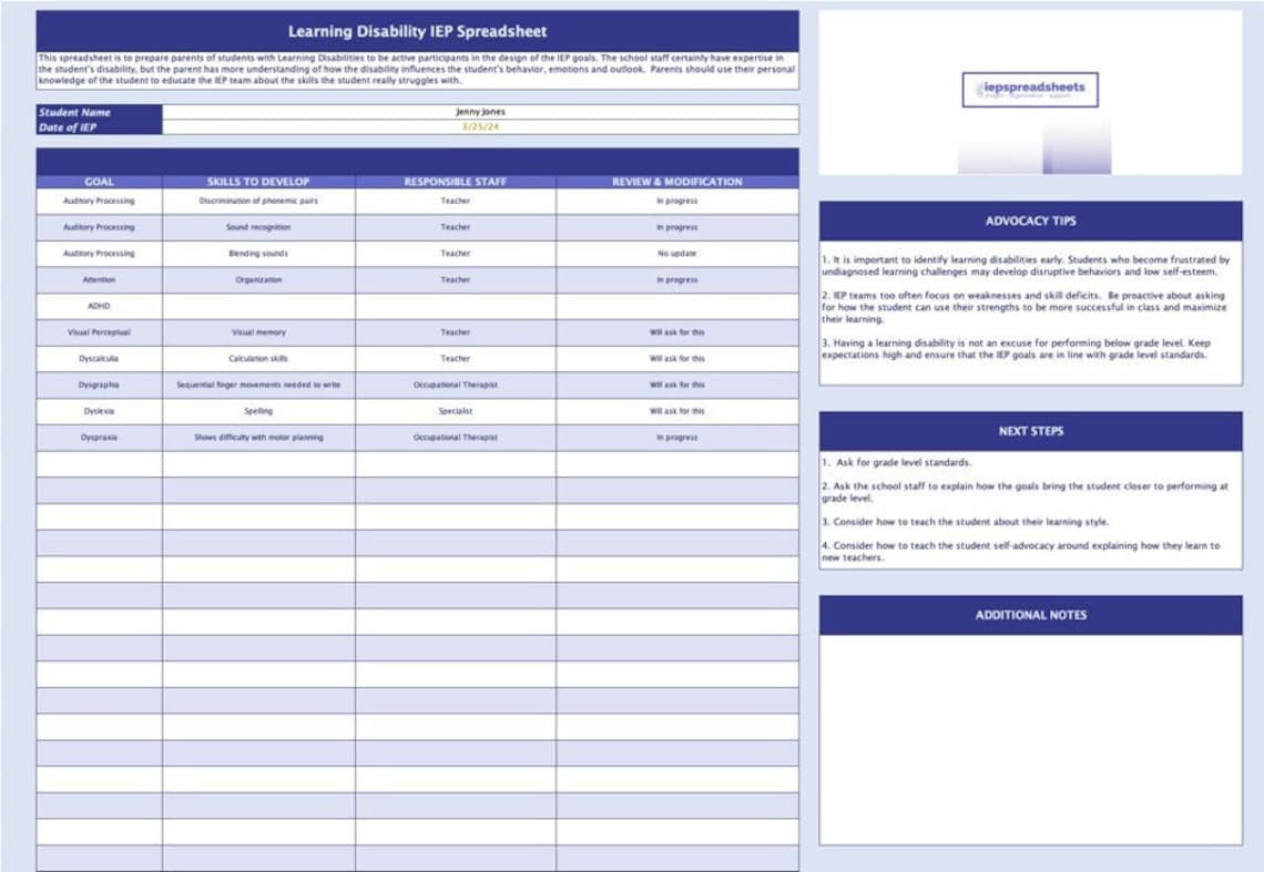 Learning Disability IEP Spreadsheet - Etsy