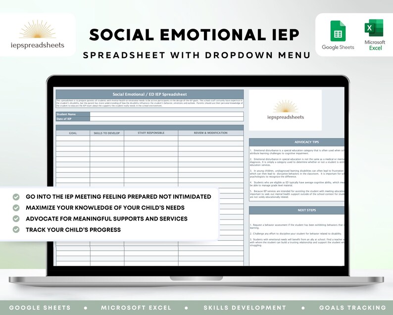 Social Emotional IEP Spreadsheet With Dropdown Menu | Google Sheets ...