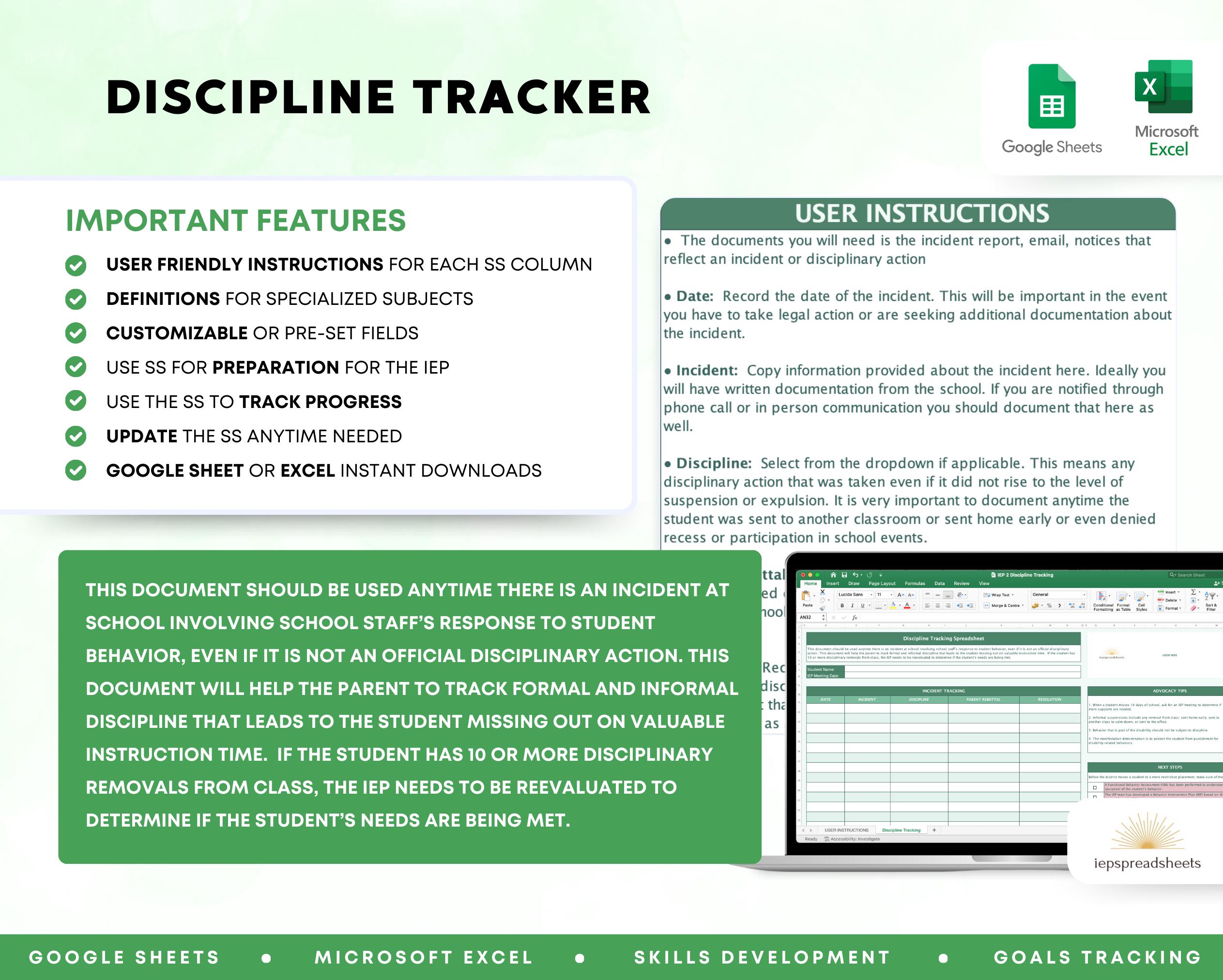 Discipline Tracker IEP Spreadsheet With Dropdown Menu | Google Sheets ...