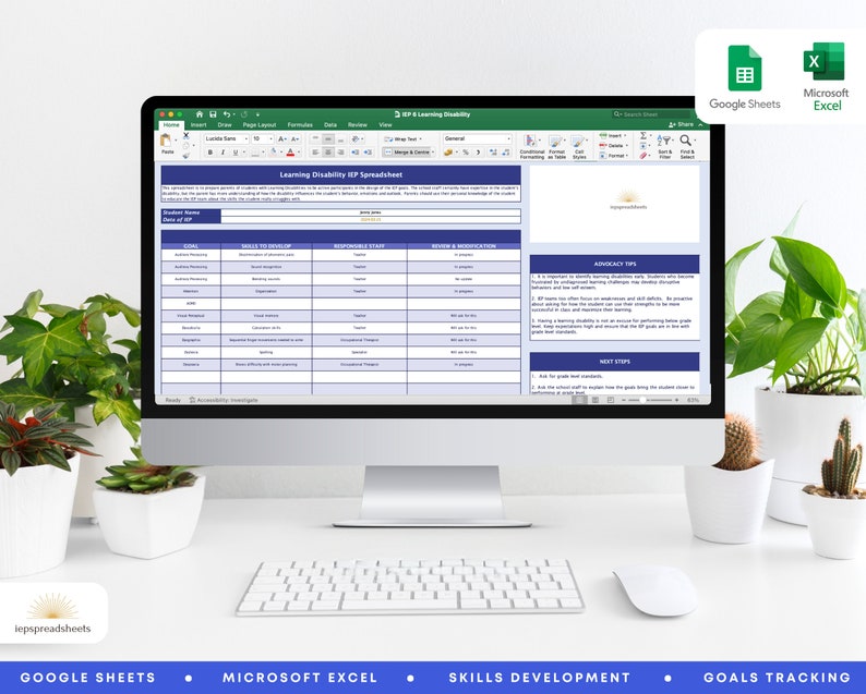 Learning Disability IEP Spreadsheet With Dropdown Menu | Google Sheets ...