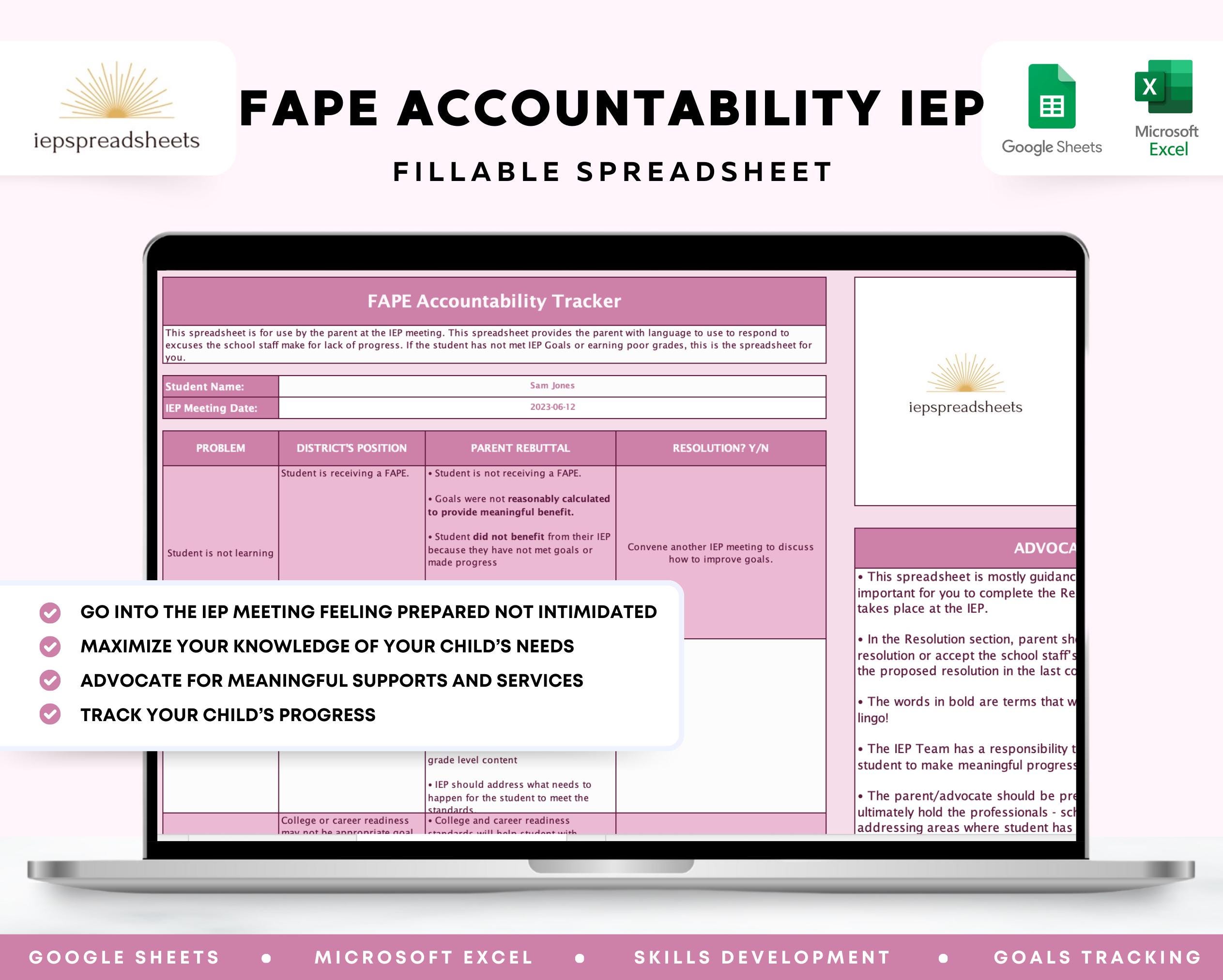 FAPE Accountability IEP Spreadsheet Google Sheets Microsoft Excel - Etsy