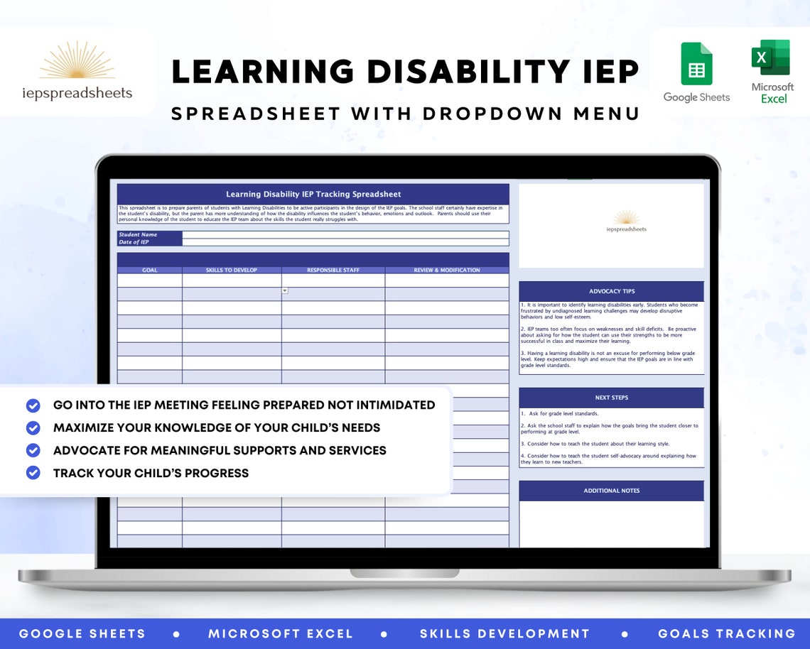 Learning Disability IEP Spreadsheet With Dropdown Menu | Google Sheets ...