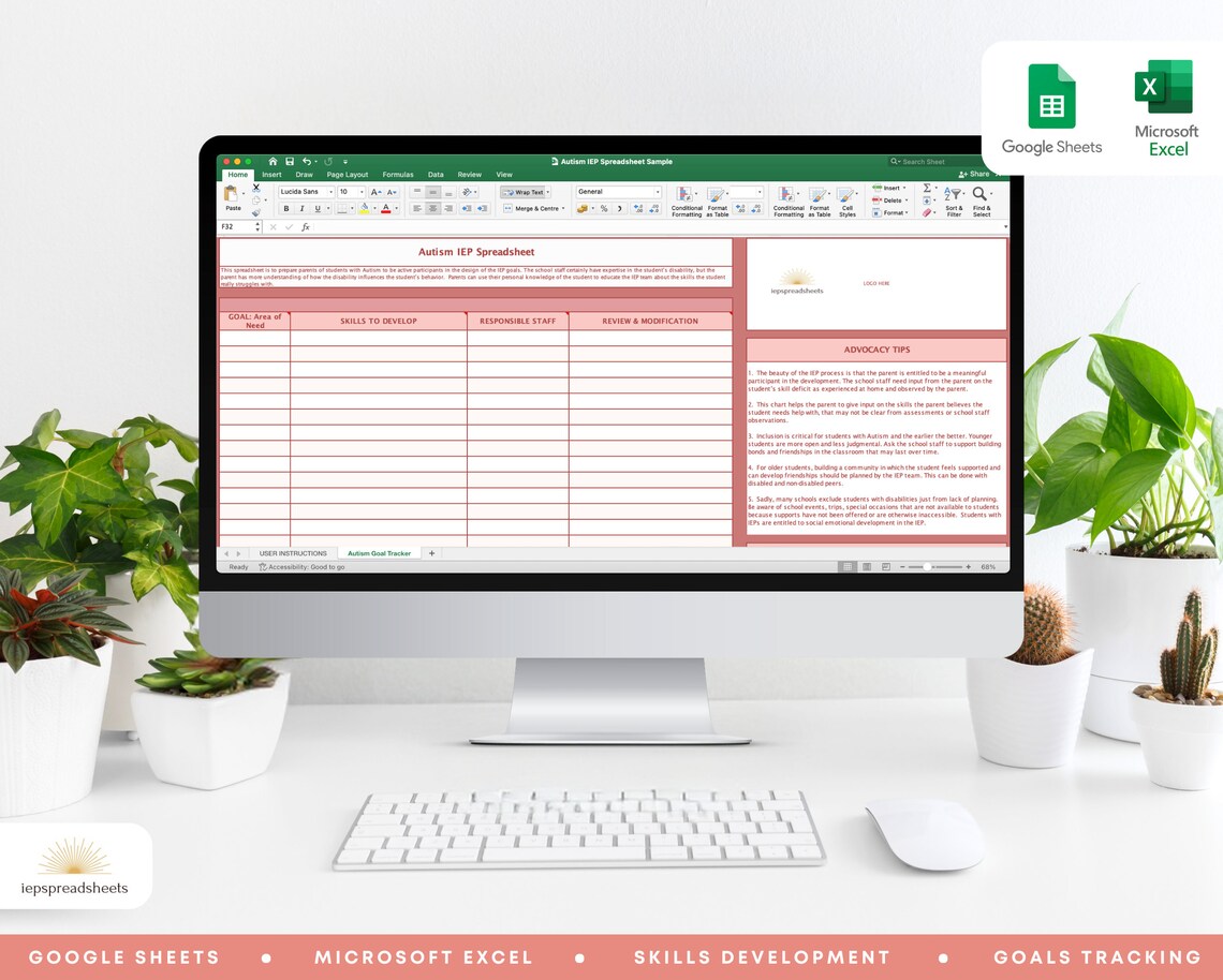 Autism IEP Spreadsheet With Dropdown Menu Google Sheets Microsoft Excel ...