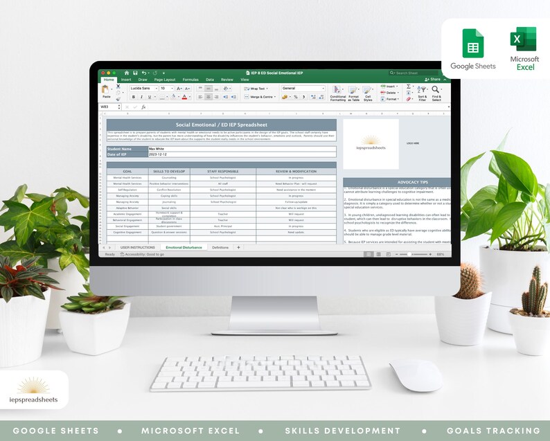 Social Emotional IEP Spreadsheet With Dropdown Menu | Google Sheets ...