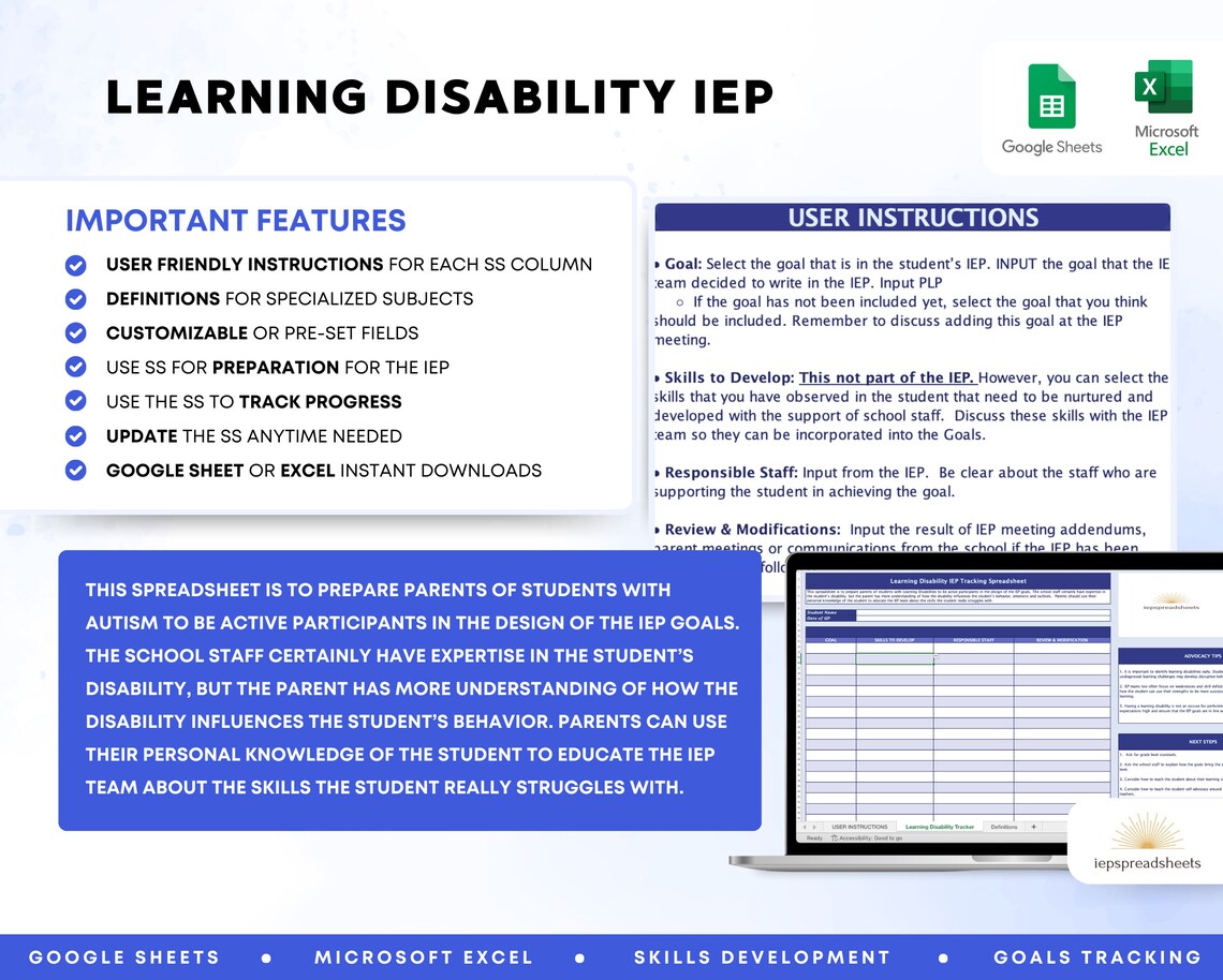 Learning Disability IEP Spreadsheet With Dropdown Menu | Google Sheets ...