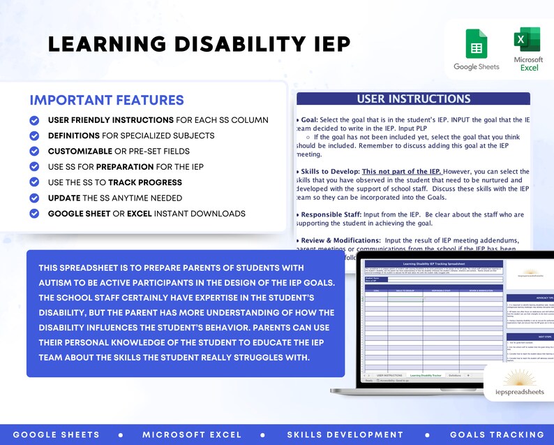 Learning Disability IEP Spreadsheet With Dropdown Menu | Google Sheets ...