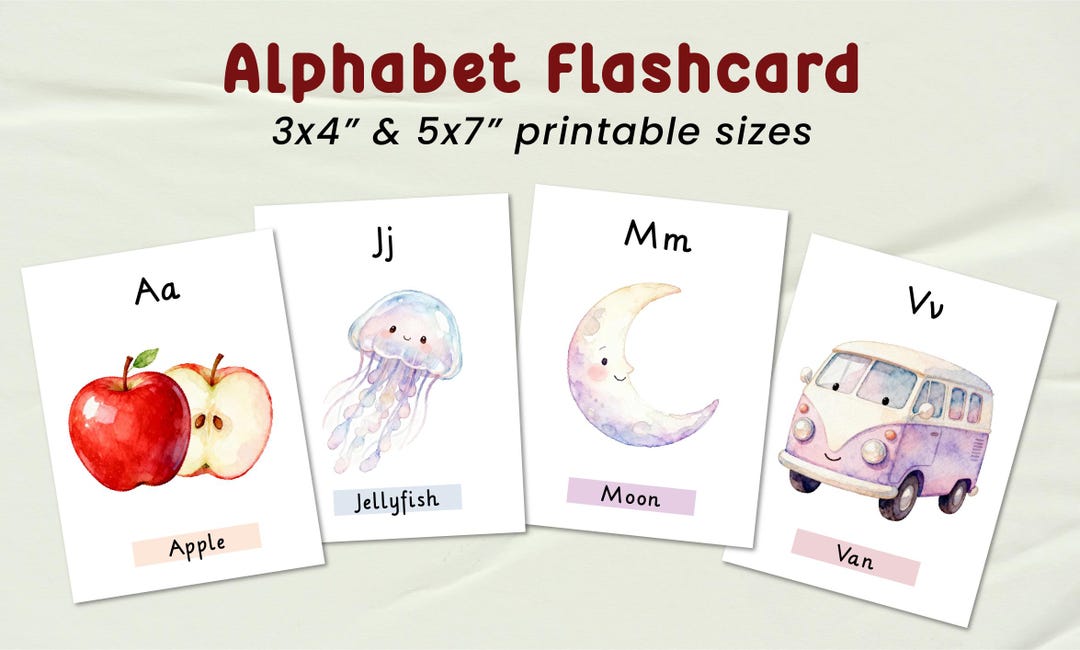 Watercolor Alphabet Flashcards A–Z Printable Kids Learning, Preschool ...