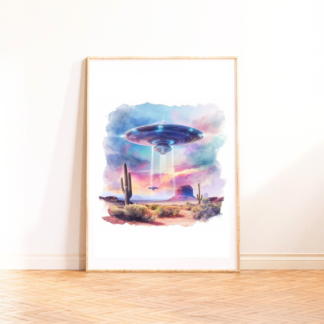 Western Alien Poster Watercolor, Cool Flying Saucer Desert Cactus Sci ...