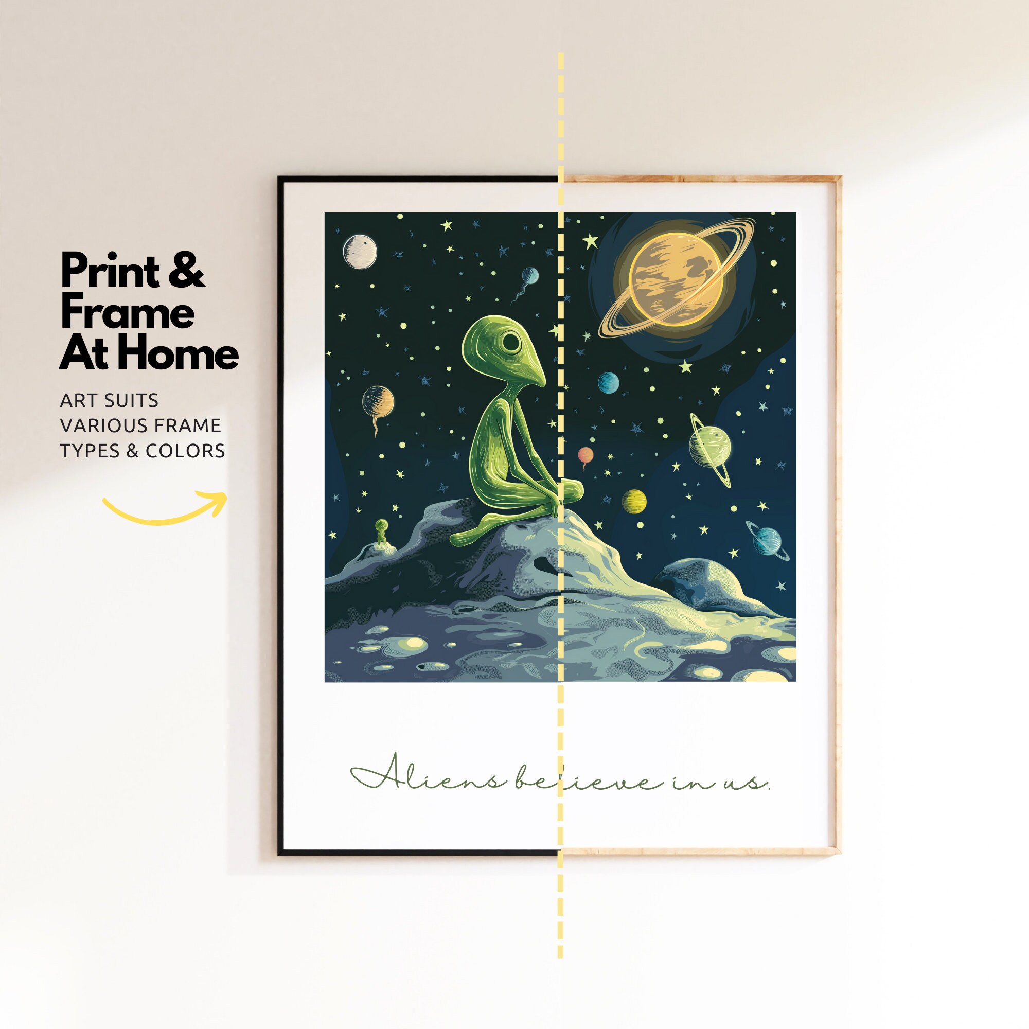 Minimalist Alien UFO Art, I Want to Believe, Cool Sketch Print Office ...