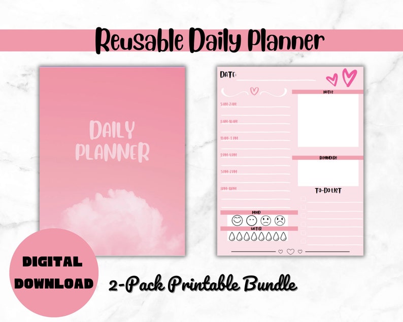 Digital Download Reusable Cute Pink Daily Planner, 2-page Bundle, W/ To ...