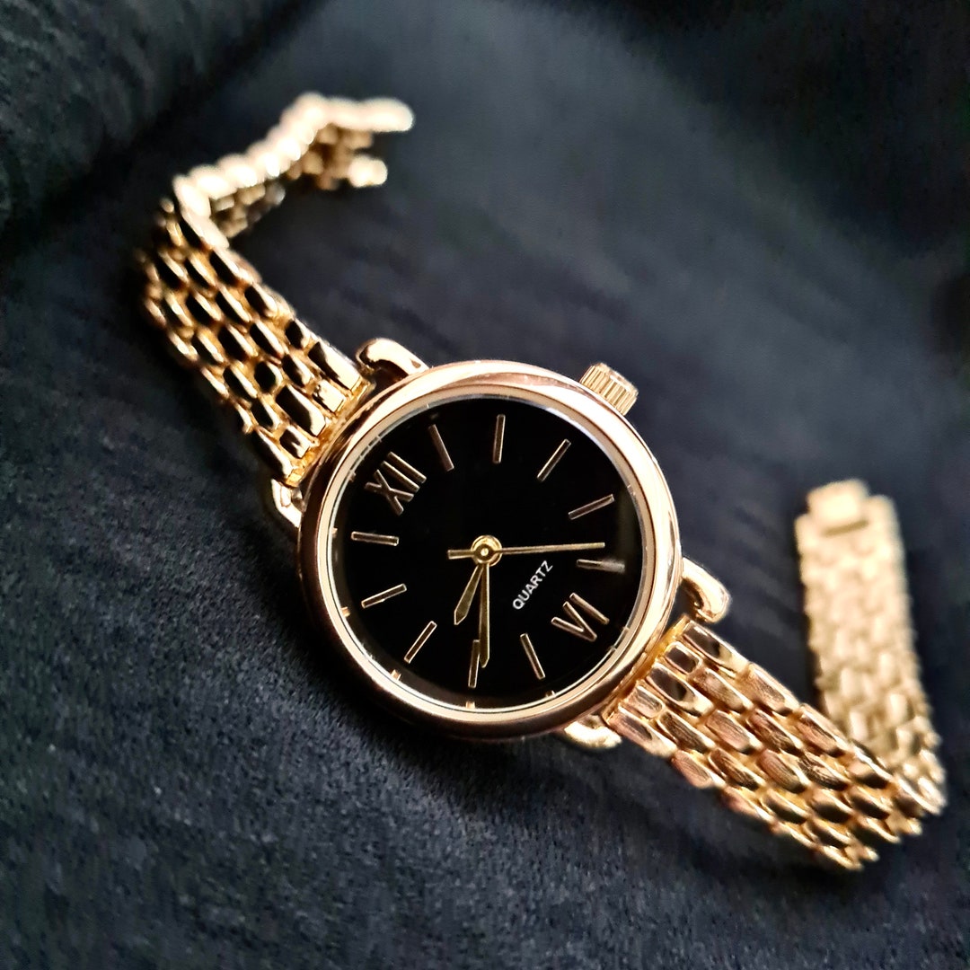 Woman Wrist Watch, Gold Colour Watch, Black Dial Watch, Mother's Day ...