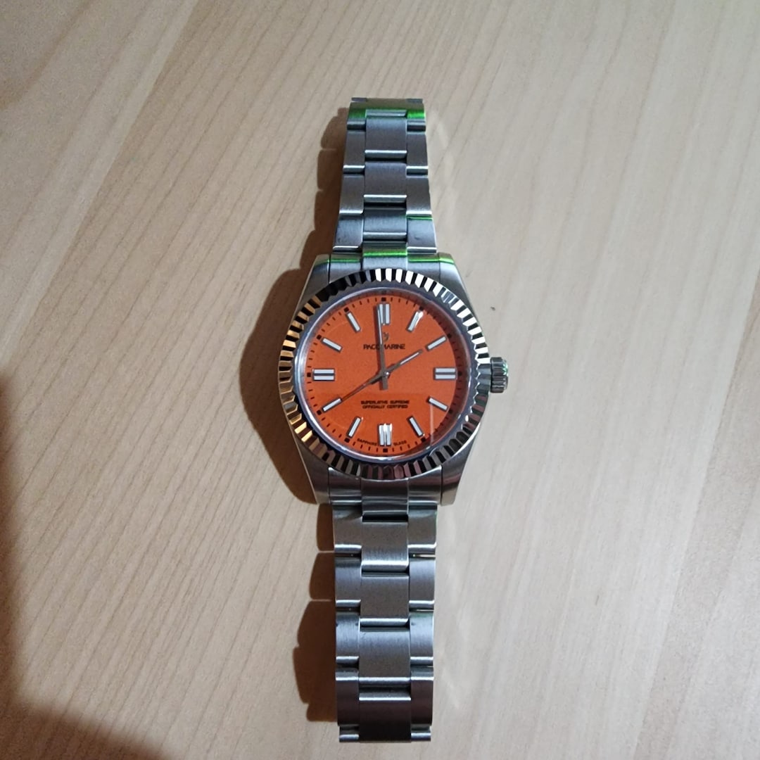 Unisex Watch, Orange Colour Dial, All Stainless Steel, Silver Colour ...