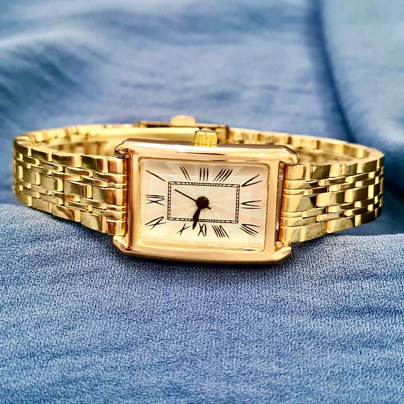 Woman Wrist Watch, Gold Colour Watch, Roman Numeral Dial, Rectangle ...
