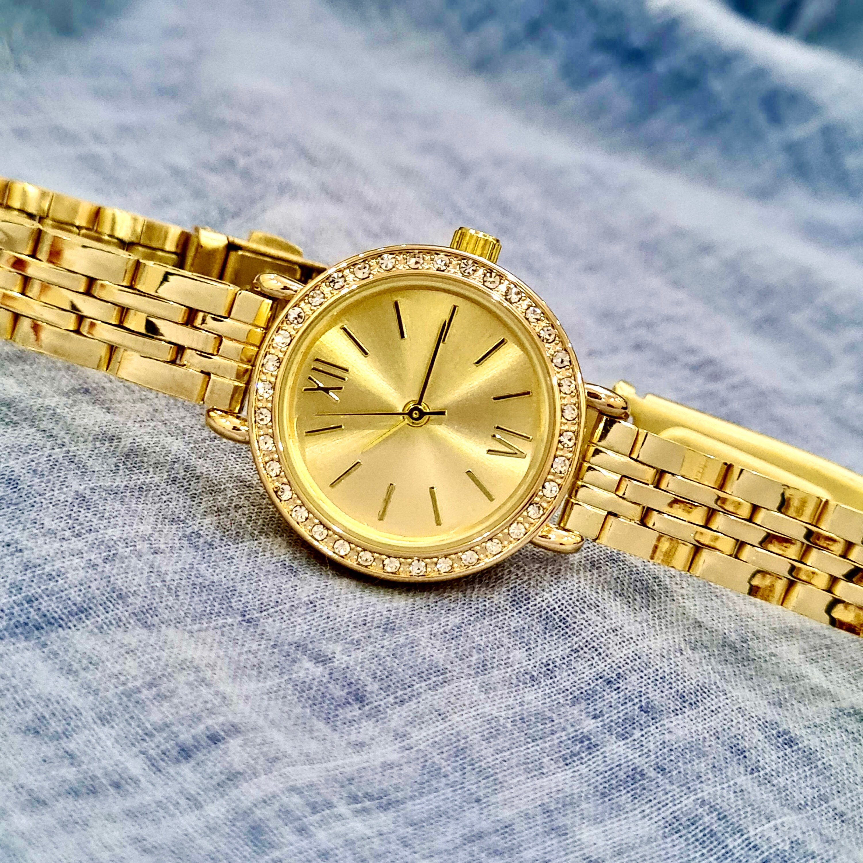 Woman Wrist Watch, Gold Colour Watch, Gold Dial Watch, Stones on Case ...