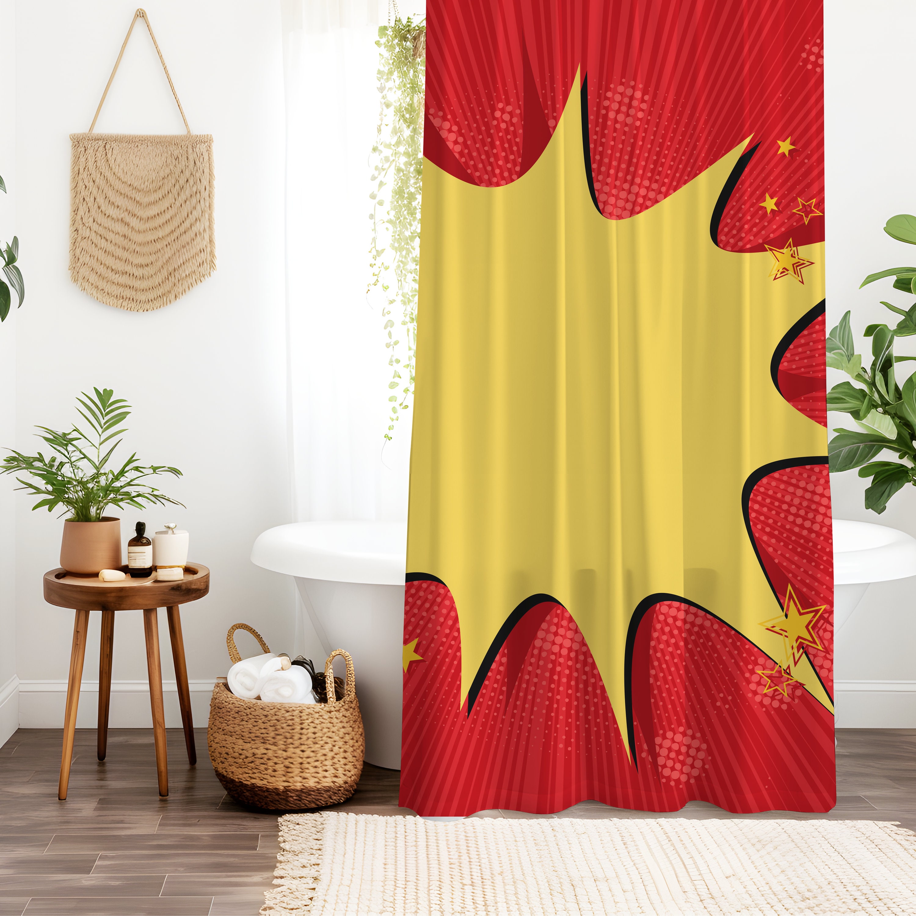 Superhero Comic Anime Red and Yellow Sunburst Shower Curtains, Cartoon ...