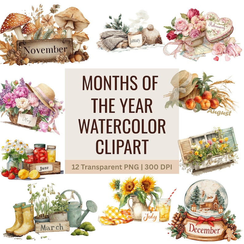 Months of the Year Watercolor Clipart, Cute Digital Download for ...