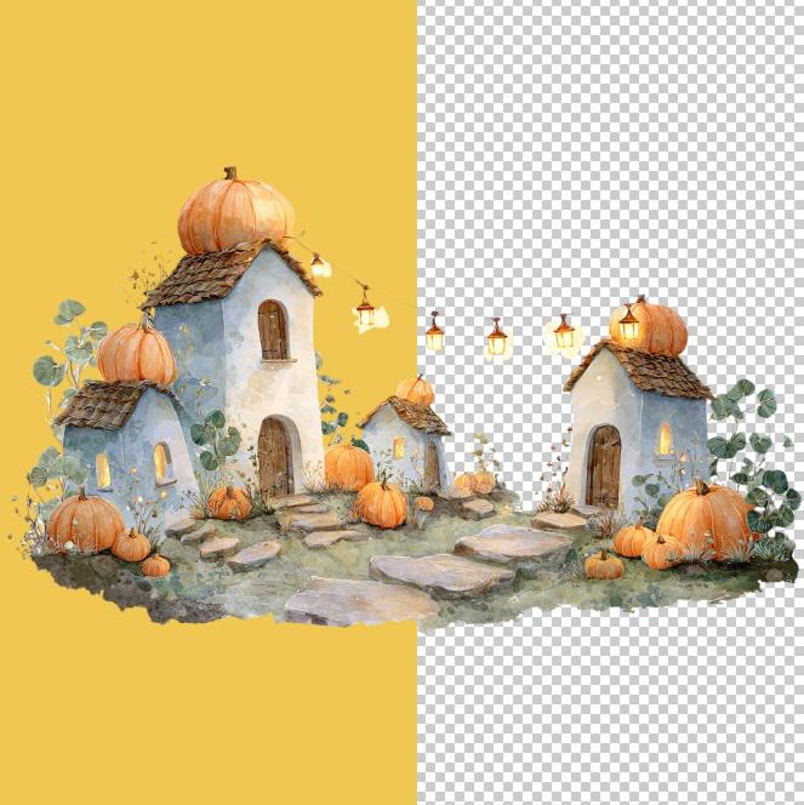 Pumpkin Village Watercolor Clipart: Whimsical Watercolor Cottage Houses ...