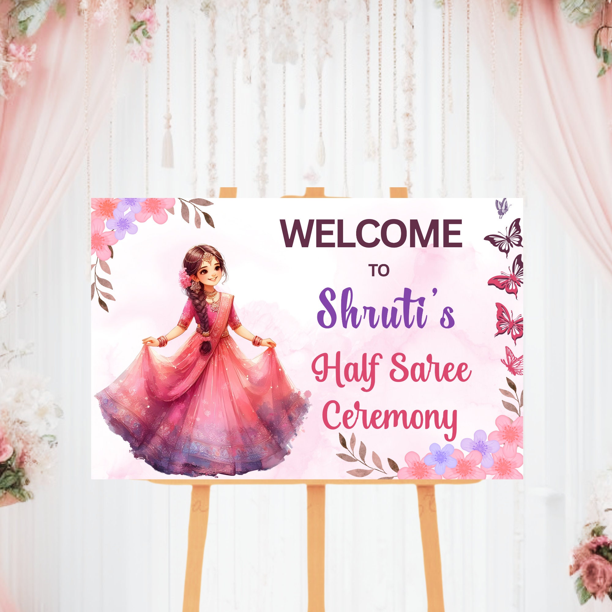 Elegant Half Saree Ceremony Welcome Sign, South Indian Puberty Ceremony ...