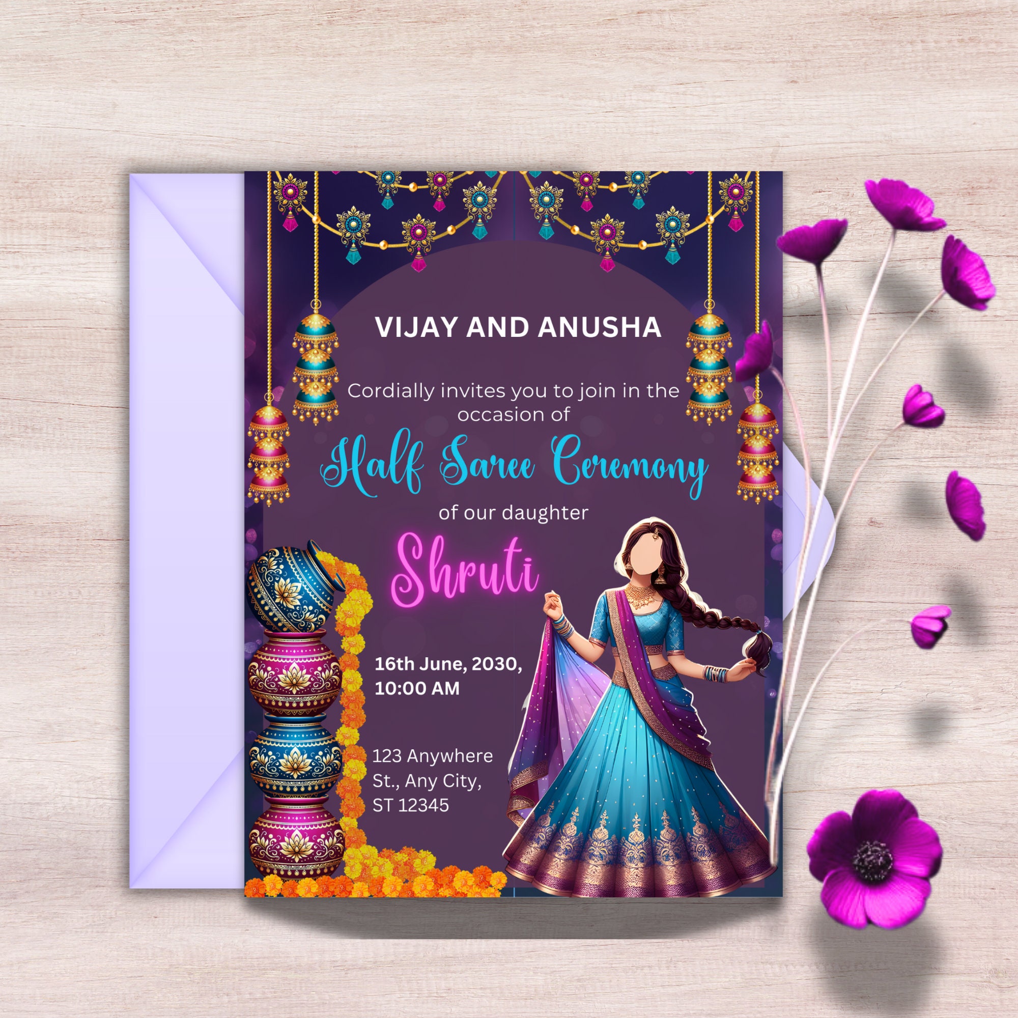 Half Saree Invitation 5x7, Editable Half Saree Ceremony Invitation ...