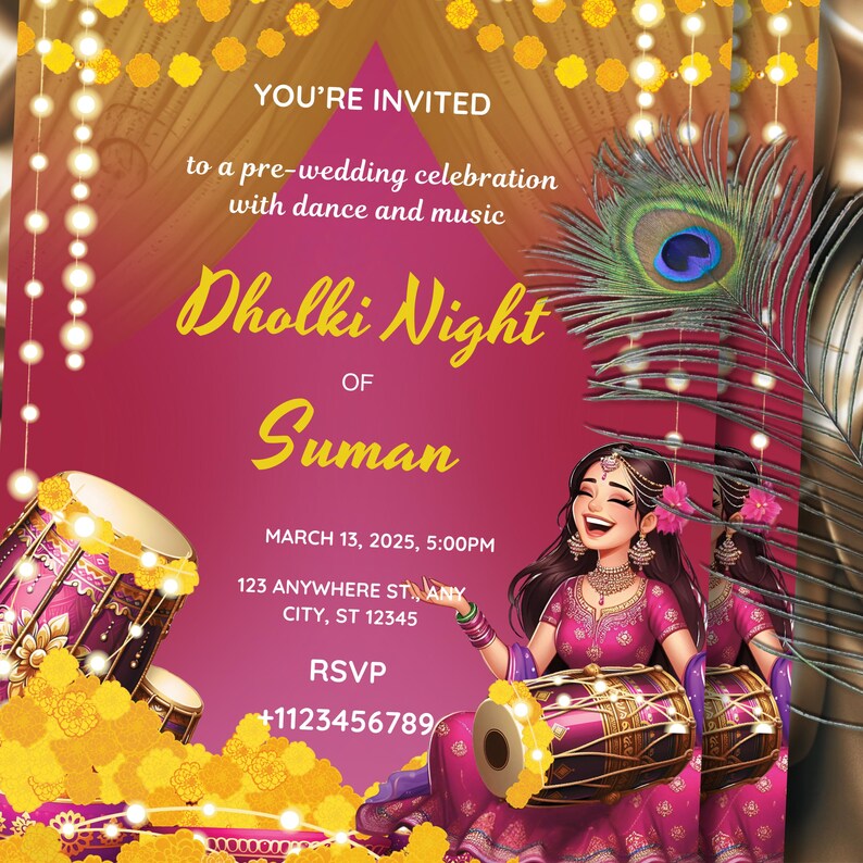 Dholki Invitation 5x7", Editable Colorful Invitation for Dholki Night ...