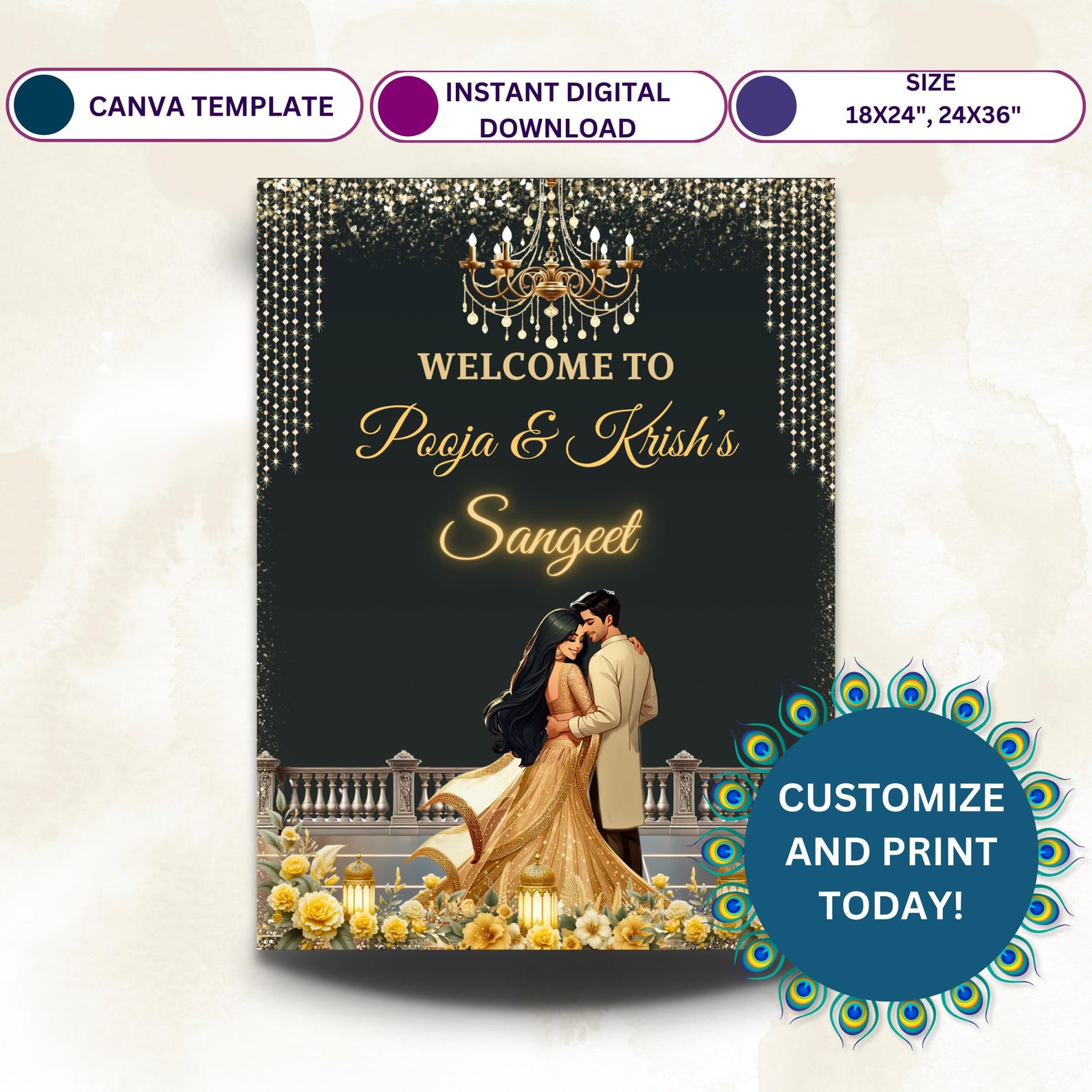 Sangeet Welcome Sign, Customizable Sangeet Sign, Indian Welcome Sign ...