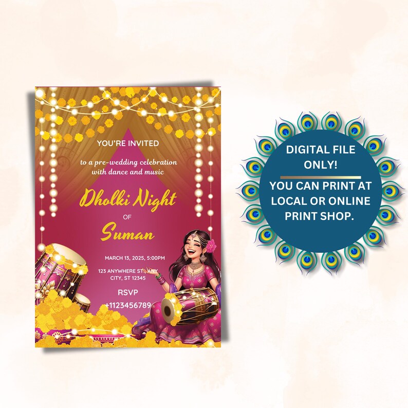 Dholki Invitation 5x7", Editable Colorful Invitation for Dholki Night ...